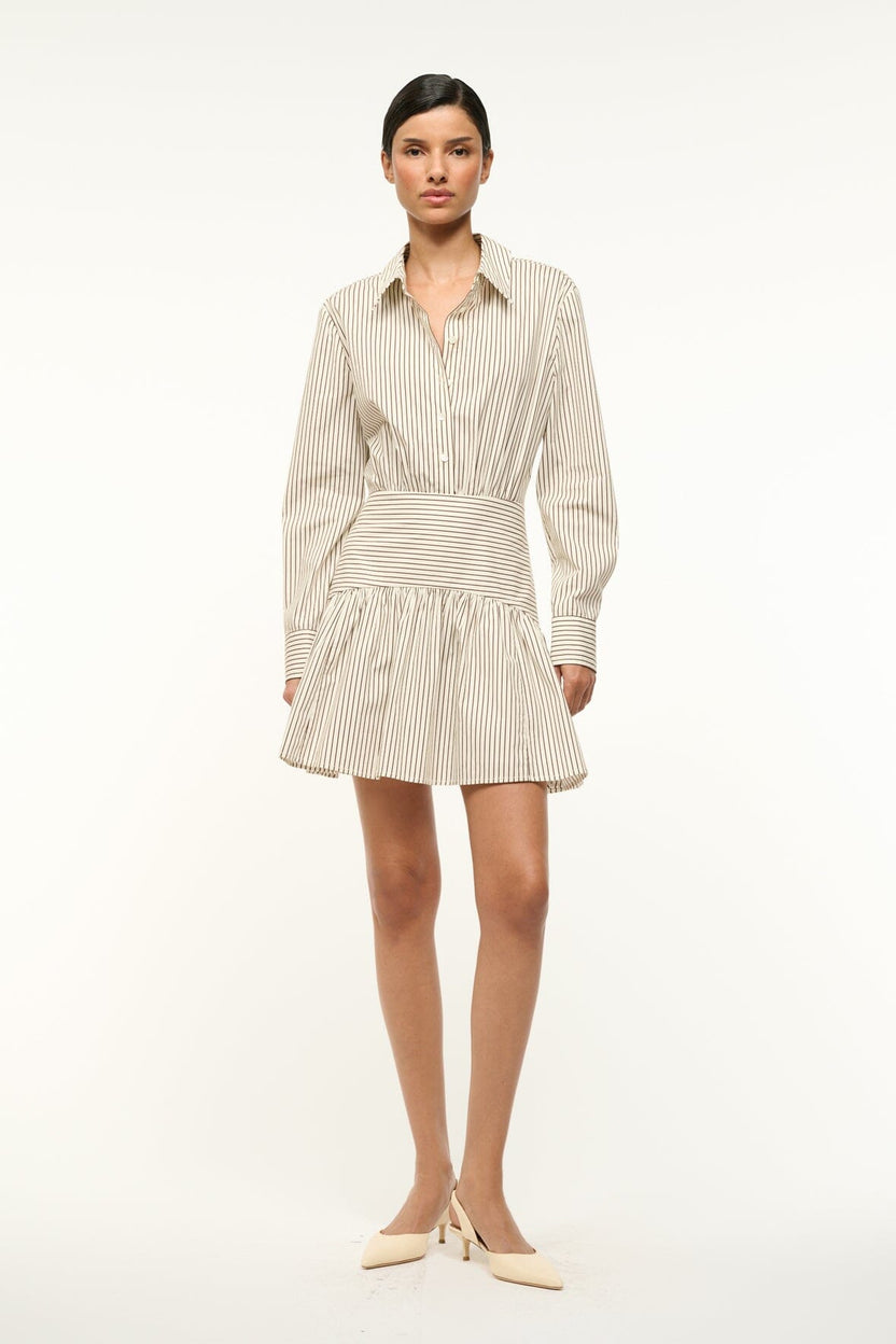 STAUD ROCCO MINI DRESS IVORY DARK OAK MICRO STRIPE