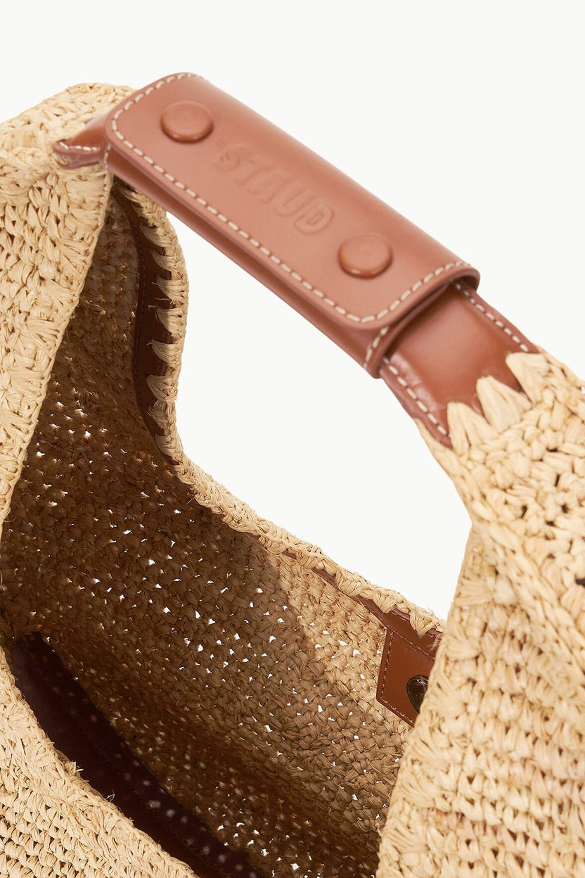 STAUD LARGE RAFFIA MOON TOTE BAG NATURAL TAN
