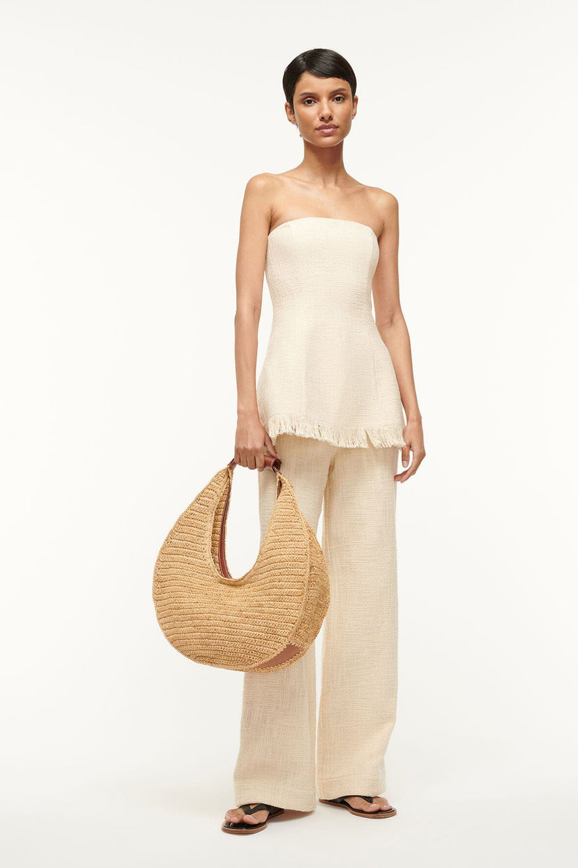 STAUD LARGE RAFFIA MOON TOTE BAG NATURAL TAN