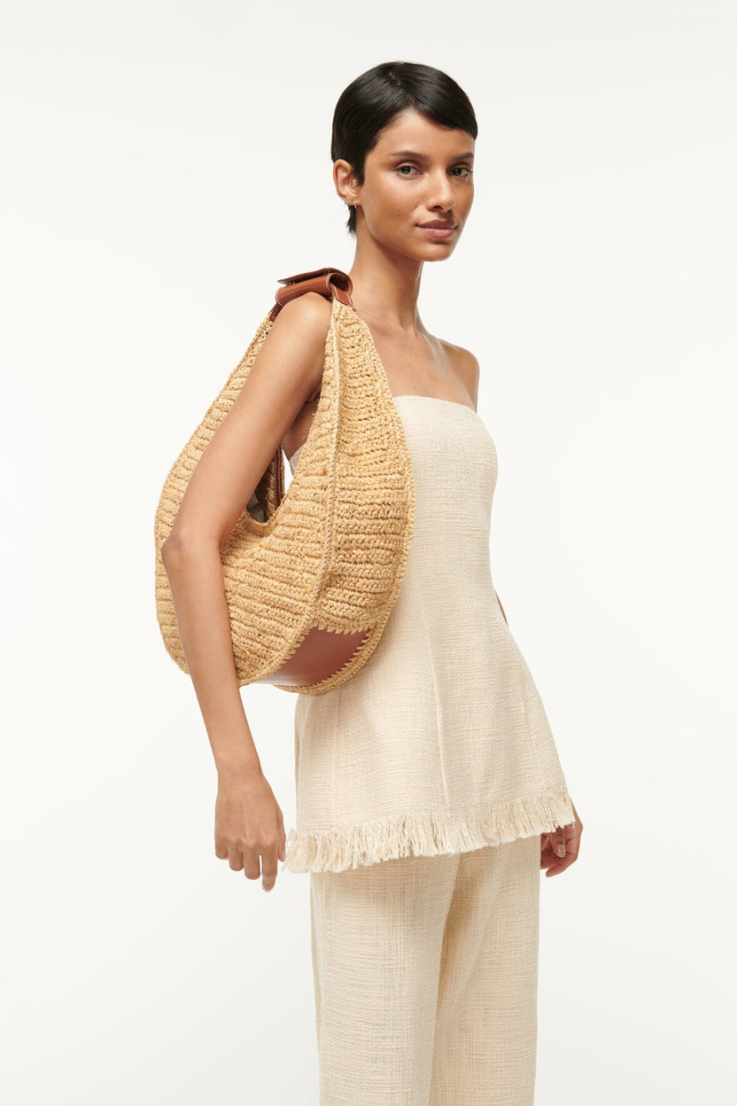STAUD LARGE RAFFIA MOON TOTE BAG NATURAL TAN